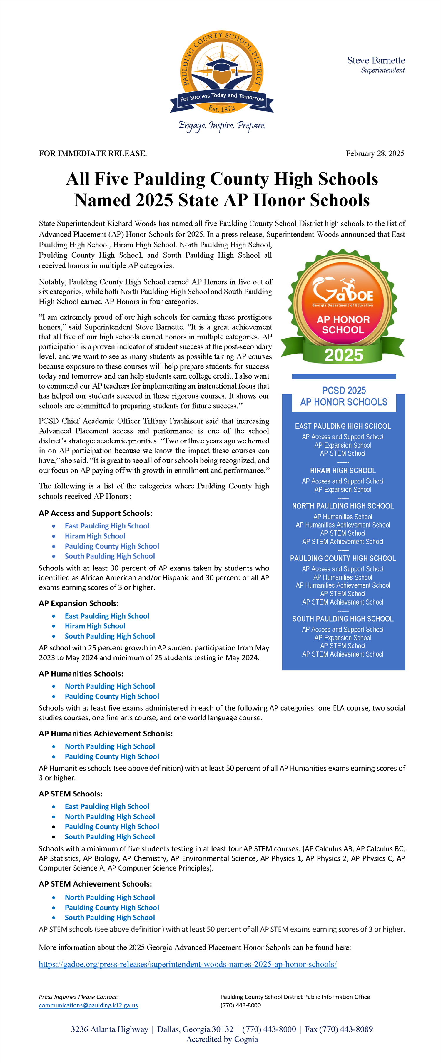 All Five High Schools Earn AP Honors