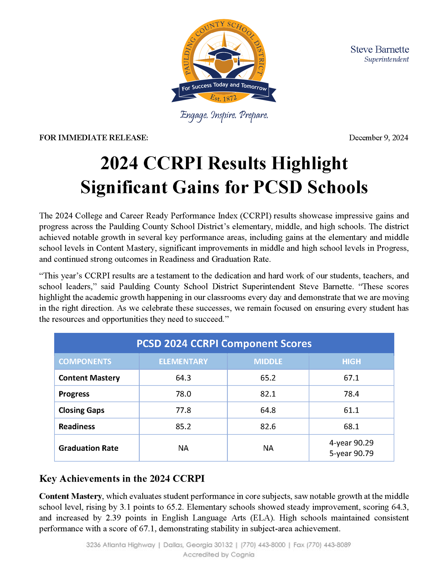 PCSD Schools Show Significant CCRPI Gains