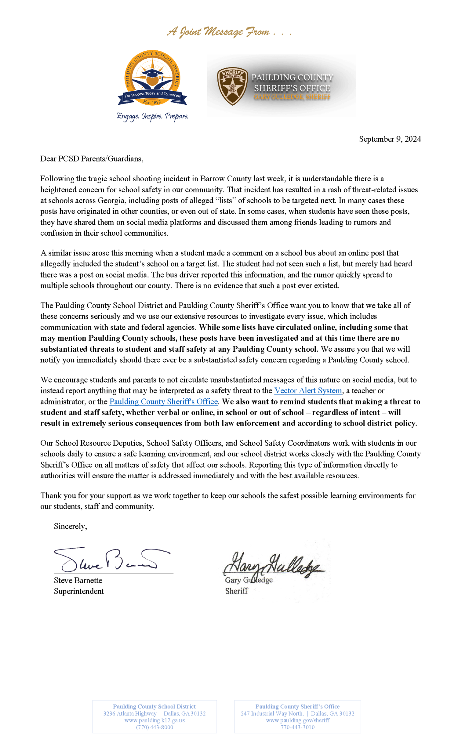 Joint Statement Regarding Unsubstantiated Threats