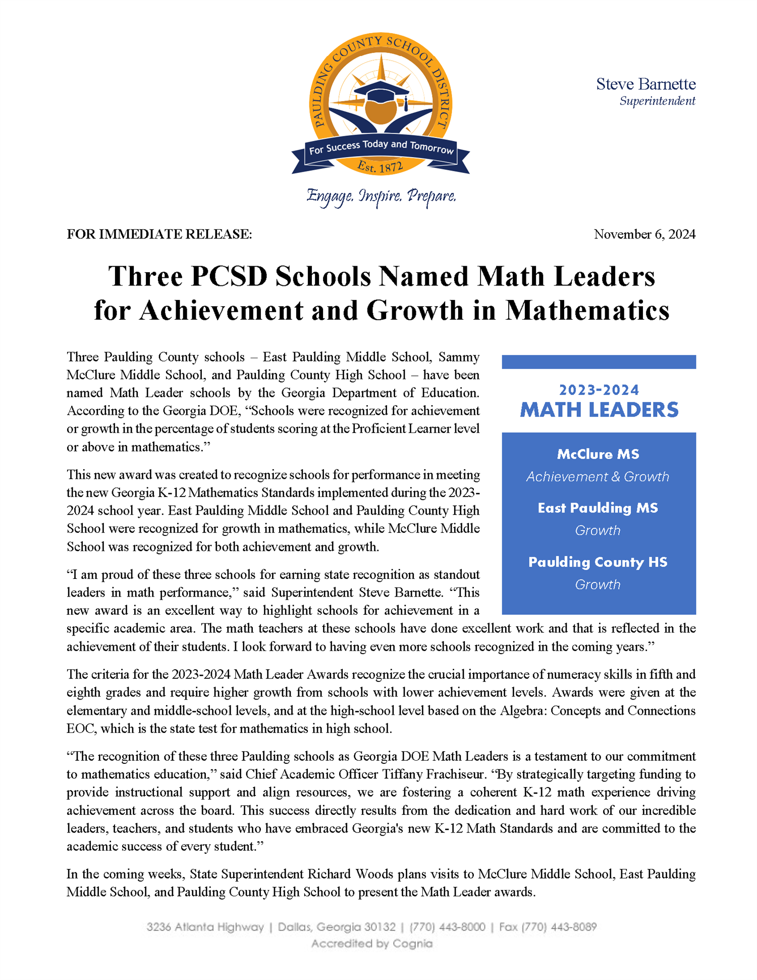 Three PCSD Schools Named Math Leaders